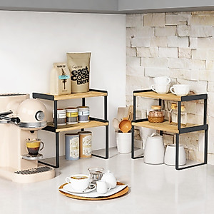 Goozii Kitchen Cabinet Organizer Shelves Set of 4, Expandable Counter Shelf Rack for Plate Dish Cup Mug Spice, Stackable Shelf Riser for Pantry Cupboard Desk Top Corner Storage (Bamboo, Black)