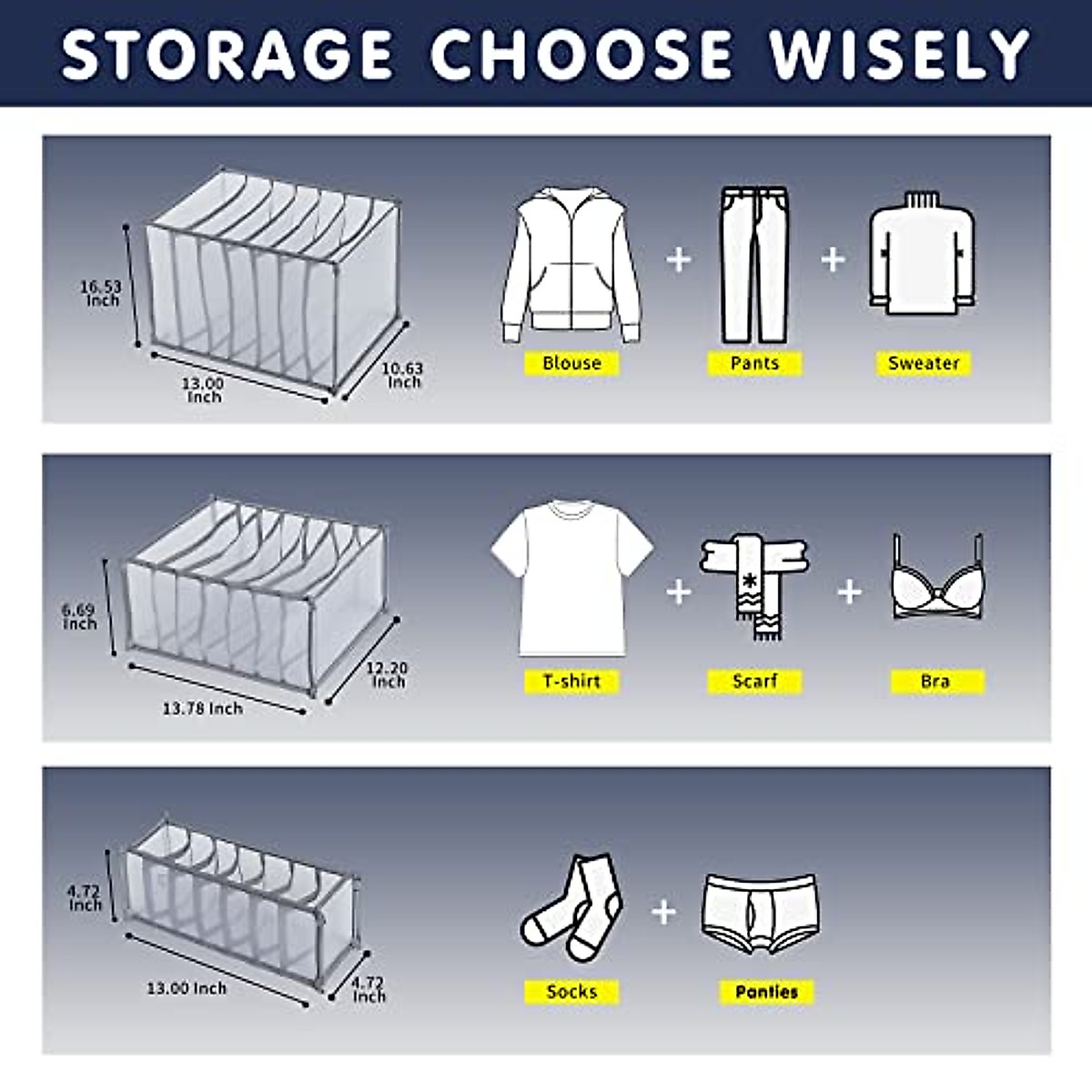 Wardrobe Clothes Organizer Clothes Storage Baskets for Jeans, Gym Clothes, Dacall 7 Grids Compartment Storage Box Closet, Folding Drawer Mesh Separation Organizer, Portable, Washable, S