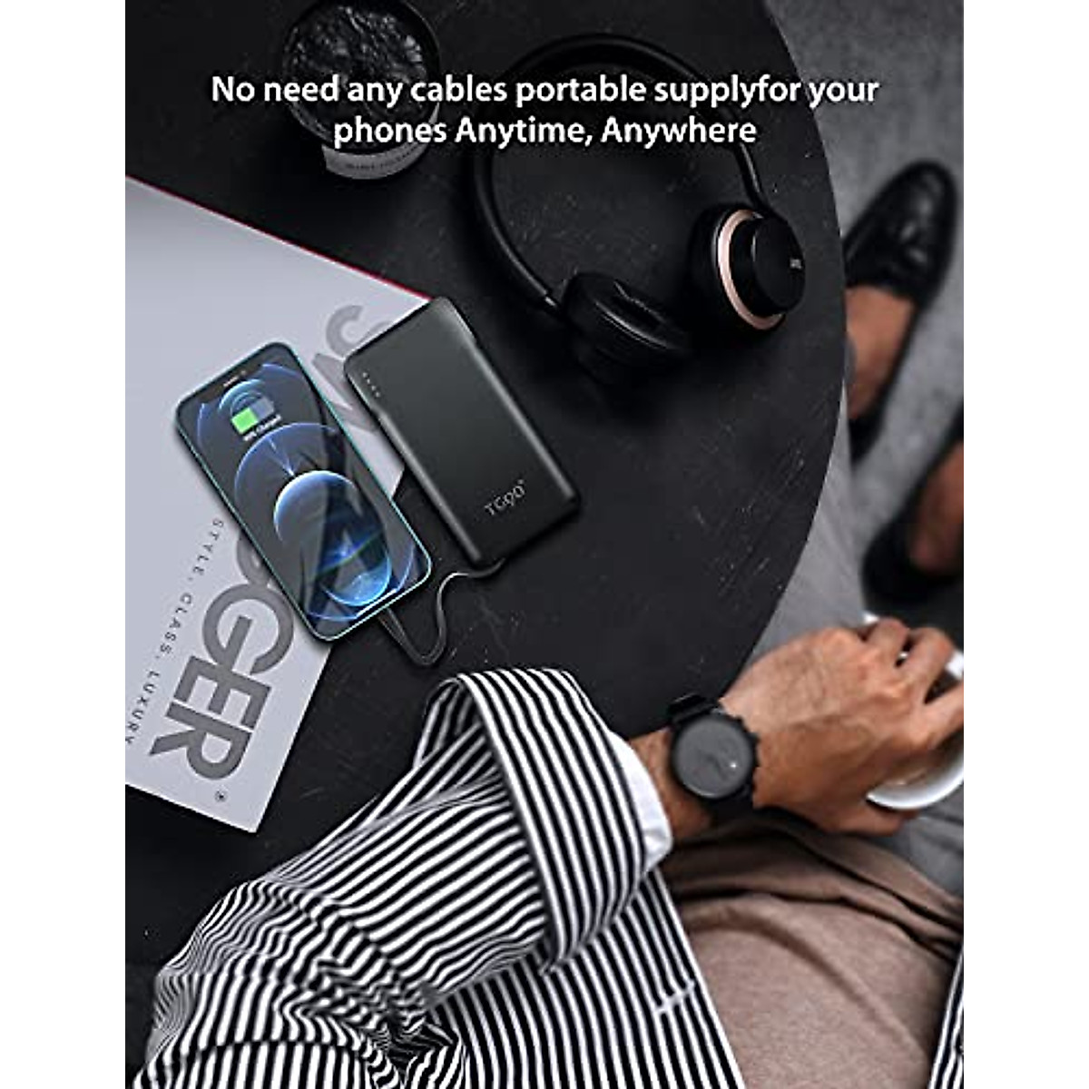 TG90° Cell Phone External Battery Packs 10000mAh Power Bank with Built in Lightning Cable Portable Charger Battery Backup Compatible with iPhone Android Phone Power Packs