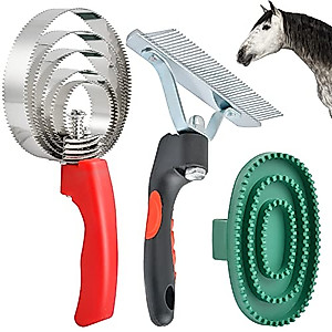 Aemygo 3 Pcs Reversible Stainless Steel Curry Comb 5 Rings, Double Sided Horse Grooming Brush, Scotch Type Metal Dog Brush Large Rubber Hair Remover Comb, Soft Touch Grip Scraper for Cow Sheep Dog