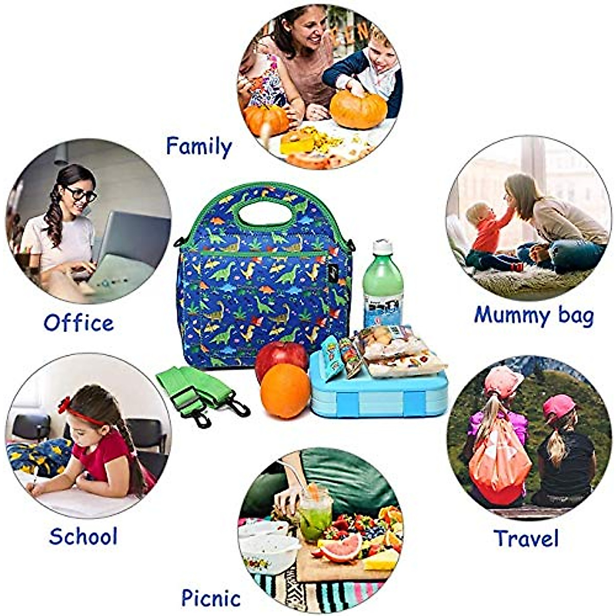 Kasqo Lunch Bag for Kids, Neoprene Insulated Boys Lunch Boxes Children’s Lunch Tote with Front Pocket and Detachable Adjustable Shoulder Strap in Cute Dinosaur