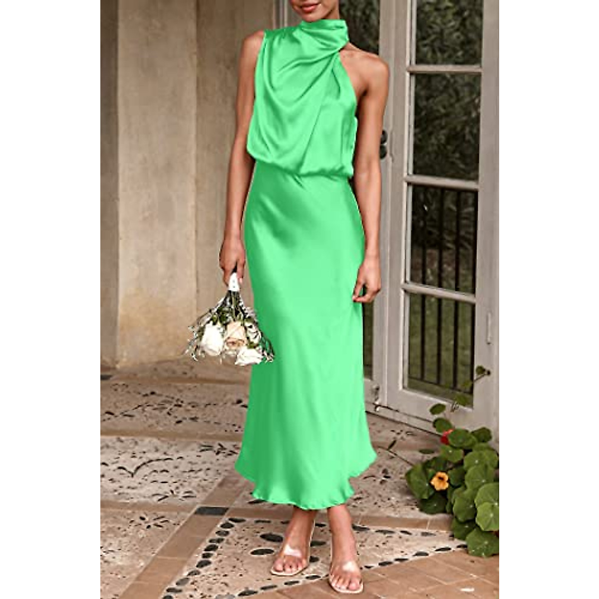 PRETTYGARDEN Women's 2023 Summer Satin Dress Elegant Sleeveless Mock Neck Cocktail Party Maxi Dresses (Grass Green,Small)