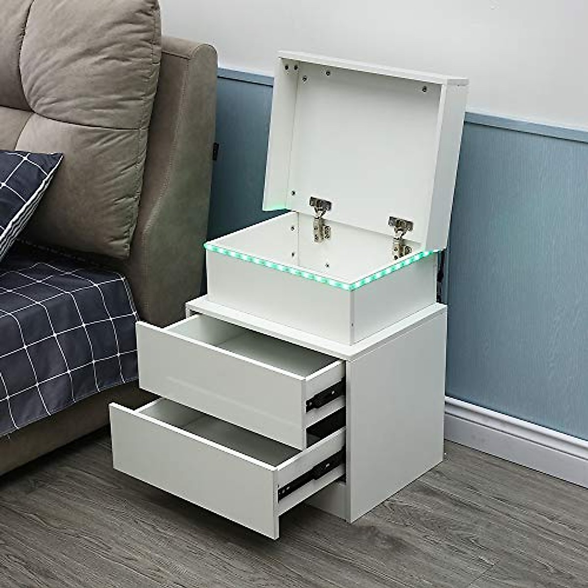 Modern LED End Table & Nightstand for Bedroom - Night Table with Built in Multi-Colour LED High Gloss Backlight - Bedside Cabinet with 2 Drawers for Living Room- Particle Board (White)