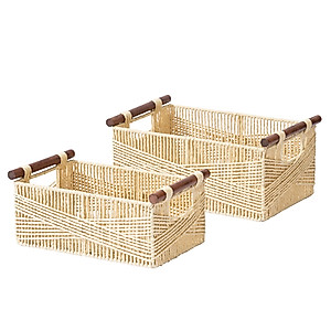 La Jolie Maison Beige Wicker Storage Baskets for Organizing, Recyclable Paper Rope Rectangular Baskets with Wood Handles, Decorative Hand Woven Basket Bins for Shelves, Set of 2