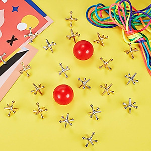 2 Sets Metal Jacks Game with Ball 2 Pieces Red Rubber Balls and 20 Pieces Classic Metal Jacks Retro Vintage Jacks Game Toy for Kids and Adults for Christmas Birthday Party Game