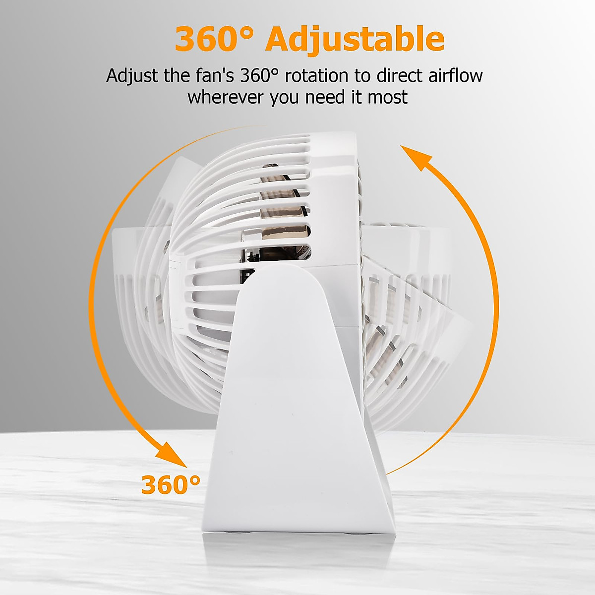 Desk Fan with Strong Airflow, 6.8 Inch Quiet Small Portable Table Fan, Brushless motor, 3 Speed Settings, 360° Adjustable Tilt Head, Rechargeable, Battery Powered Fan for Home or Office, Travel