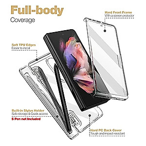 SURITCH for Samsung Galaxy Z Fold 3 Clear Case, [Hinge Protection with Pen Holder] Full Body Protection Bumper Shockproof Rugged Phone Cover with Built-in Screen Protector -(with Pen Holder)