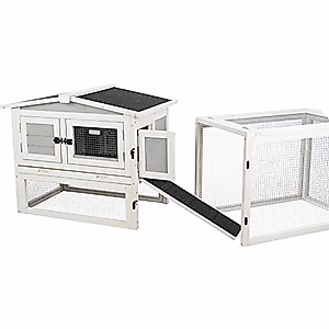 TRIXIE Natura Insulated Rabbit Hutch with Large Run, Hinged Peaked Roof, 2-Story with Ramp, for Rabbits or Guinea Pigs, Gray/White