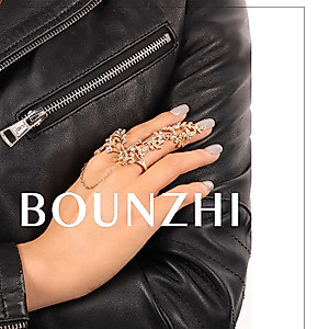 Bounzhi Rhinestone Finger Ring Bracelets Knuckle Hand Chain Harness Slave Finger Chains Beach for Women (Gold)