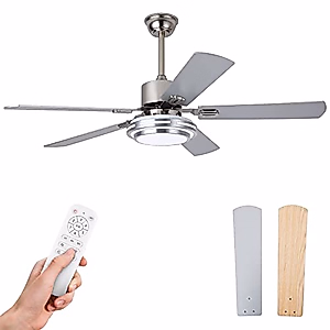 Chriari 52 Inch Ceiling Fans with Lights Remote Control, Wood Low Profile Ceiling Fan with 5 Silver Blades Quiet Reversible DC Motor, Modern Ceiling Fan with 6 Speeds, Dimmable LED Light, Smart Timing