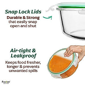 Fusion Gourmet 6 pc Round Glass Food Storage Containers with Lids - Leakproof Meal Prep Container Set (3 Large & 3 Small, Green)