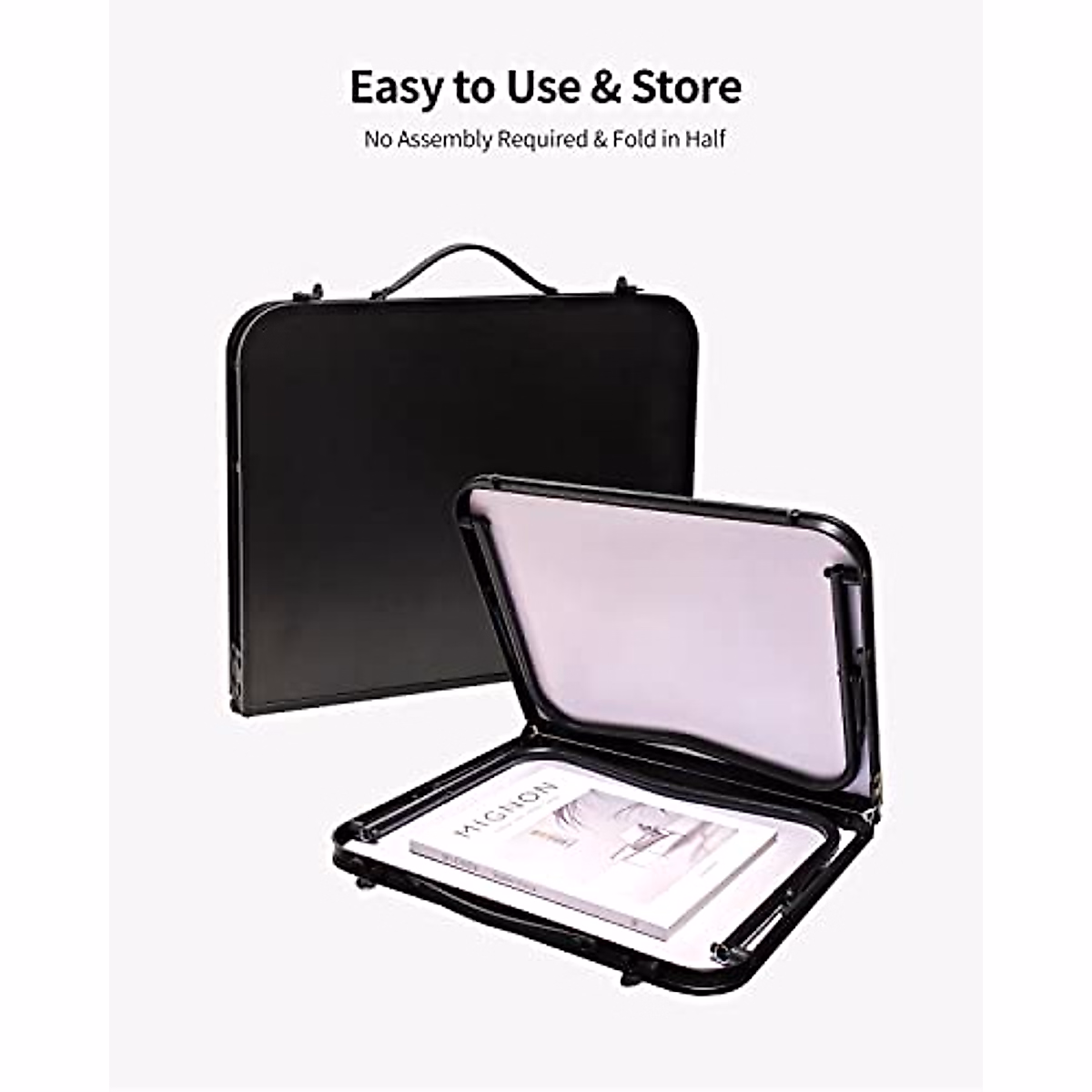 FISYOD Folding Laptop Table, Bed Table Lap Desk, Breakfast Tray Table, Portable Mini Picnic Study Reading Drawing Table, Folding in Half with Inner Storage Space (All Black)