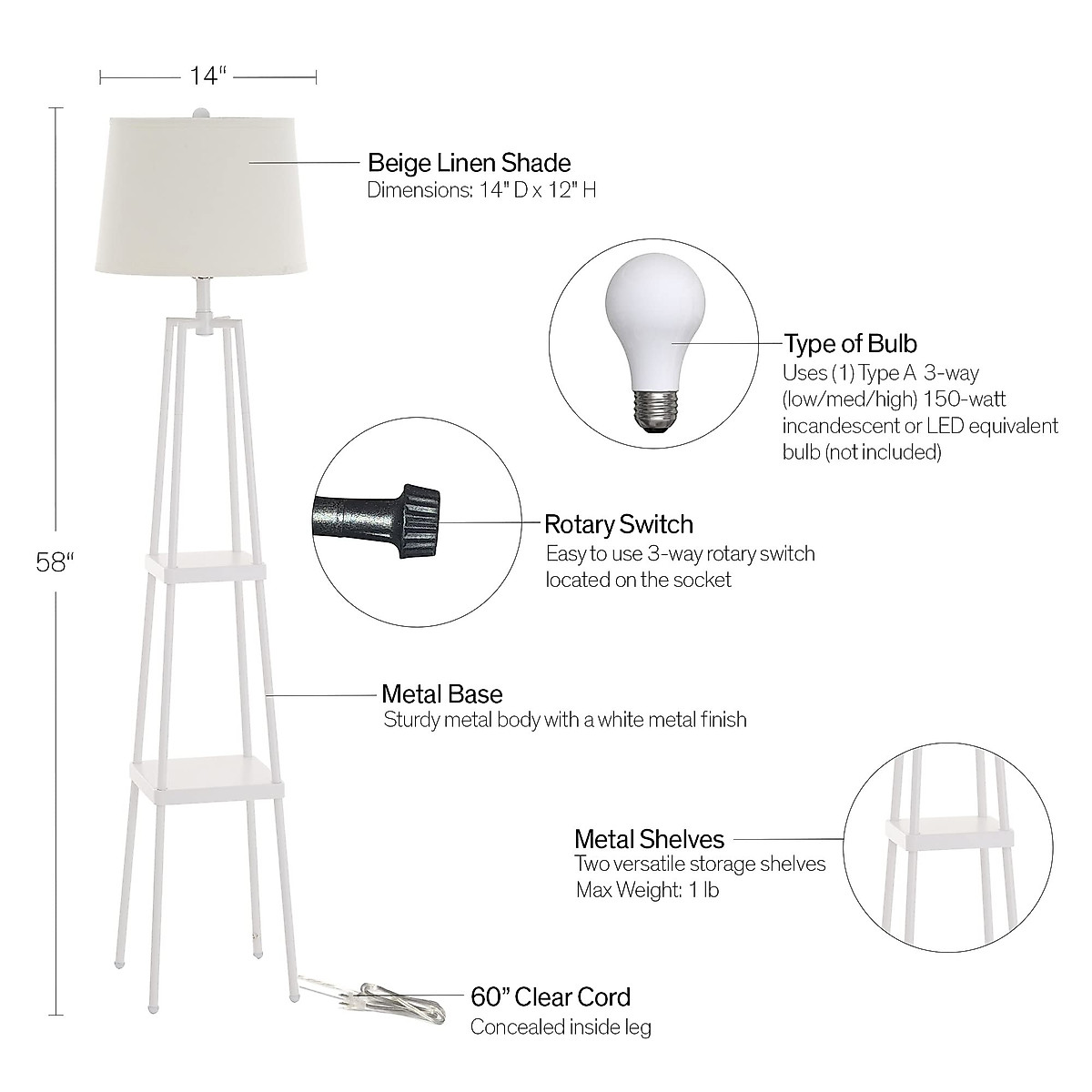 Catalina Lighting Modern Metal Etagere Floor Lamp with Shelves and Linen Shade, 58", Classic White