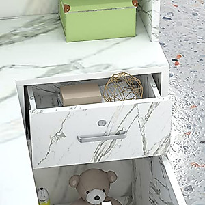 Homsee Reception Desk L-Shaped Office Desk with Counter, 1 Door Storage Cabinet, 1 Lockable Drawer, Hutch Shelf and Keyboard Tray (White Marble)