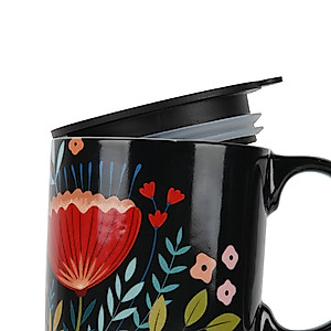 DUSVALLY Ceramic Mug Large Coffee Cup Tall Mugs Porcelain Latte Tea Cup with Lid and Color Box 17oz.Black and Colorful Flowers