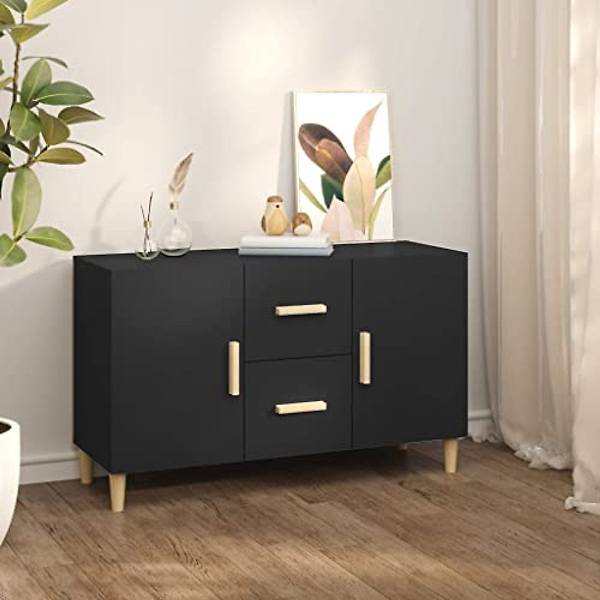 loibinfen Sideboard Buffet Server Storage Cabinet with Drawers and Doors, Console Table Home Kitchen Sideboard with Wood Legs, Dining Room Furniture Cupboard, Black 39.4"x14.2"x23.6" -AA