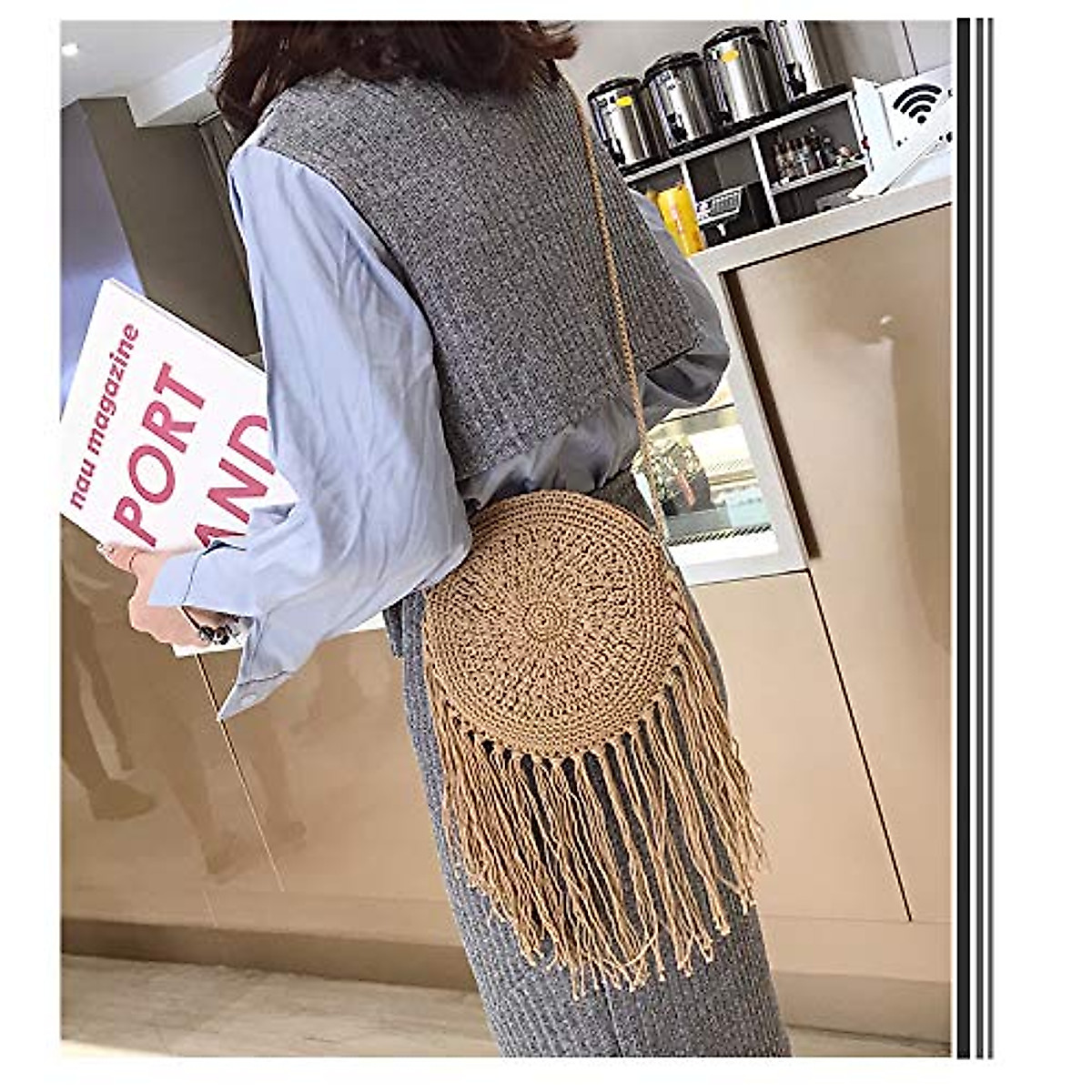 Nice Pies Women Round Handbags Straw Bag holiday beach round bag Tassel Vintage Cotton line Messenger Bag