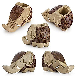 COOLBROS Pen Pencil Holder with Phone Stand, Resin elephant Shaped Pen Container Cell Phone Stand Carving Brush Scissor Holder Desk Organizer Decoration for Office Desk Home Decorative (Retro Brown)