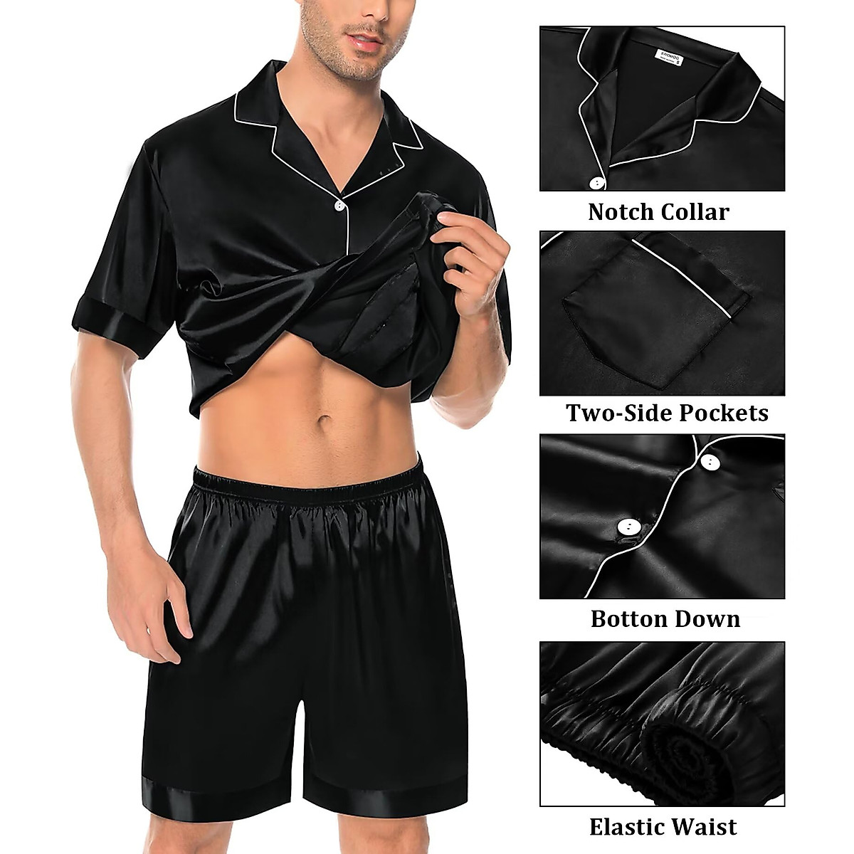 SWOMOG Mens Silk Pajama Set 2 Pieces Short Sleeve Soft Satin Sleepwear Button Down Pj Black Medium
