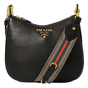 Prada Black Vitello Phenix Leather Web Stripe Strap Crossbody 1BC166
