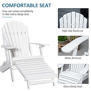 Outsunny Folding Adirondack Chair with Pull Out Ottoman, Outdoor Fir Wood Fire Pit Chair with Footrest, Porch Fanback Lounge for Patio, Poolside Lawn Garden, White