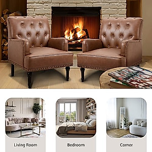 MOJAY Mid-Century PU Leather Accent Chair, Living Room Lounge Sofa Chair with Black Painted Rubber Wood Feet, Single Club Armchair with Rivet Trim for Bedroom Home Reception (Brown)