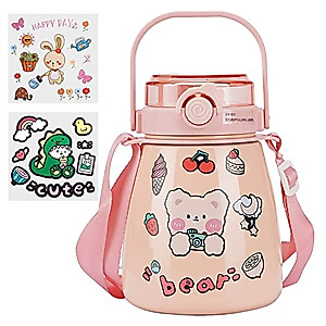 Stainless Steel Insulated Water Bottle,Big Belly Kawaii Leaf Proof 1000ml Cute Trave Cup with Straw,Shoulder Strap,Vacuum Thermos Jug with 2pcs Free Random Stickers for Kids,Adults Christmas Gifts.