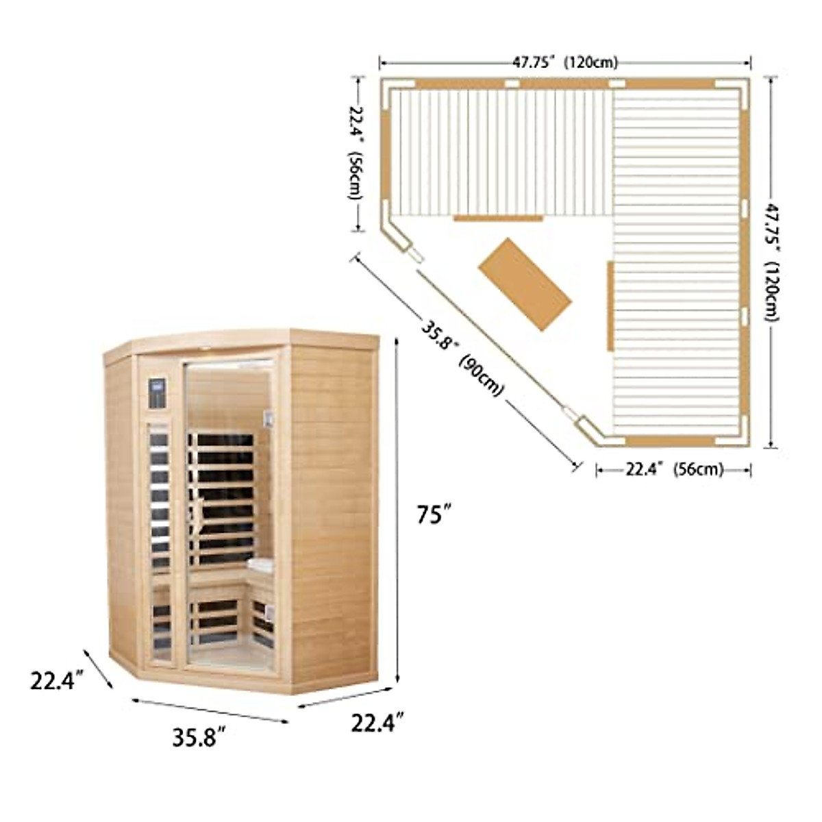 Xmatch Far Infrared Wooden Sauna Room, 2-Person for Corner Space, with 1600W, 7 Low EMF Heaters, 2 Bluetooth Speakers, 2 LED Reading Lamp and 3 Chromotherapy Lights