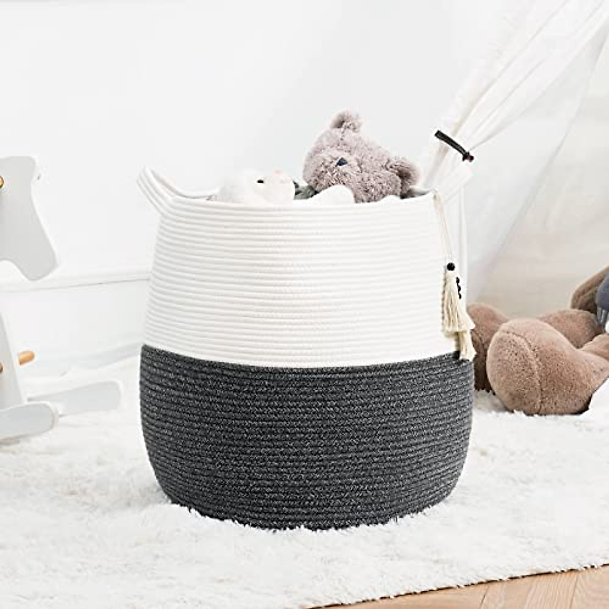 Goodpick Cute Round Storage Basket, Baby Nursery Hamper for Blankets, Clothes, Toys, Woven Rope Basket for Living Room, Decor, Toy Bin, Grey, 17.71 x 14.9 inches