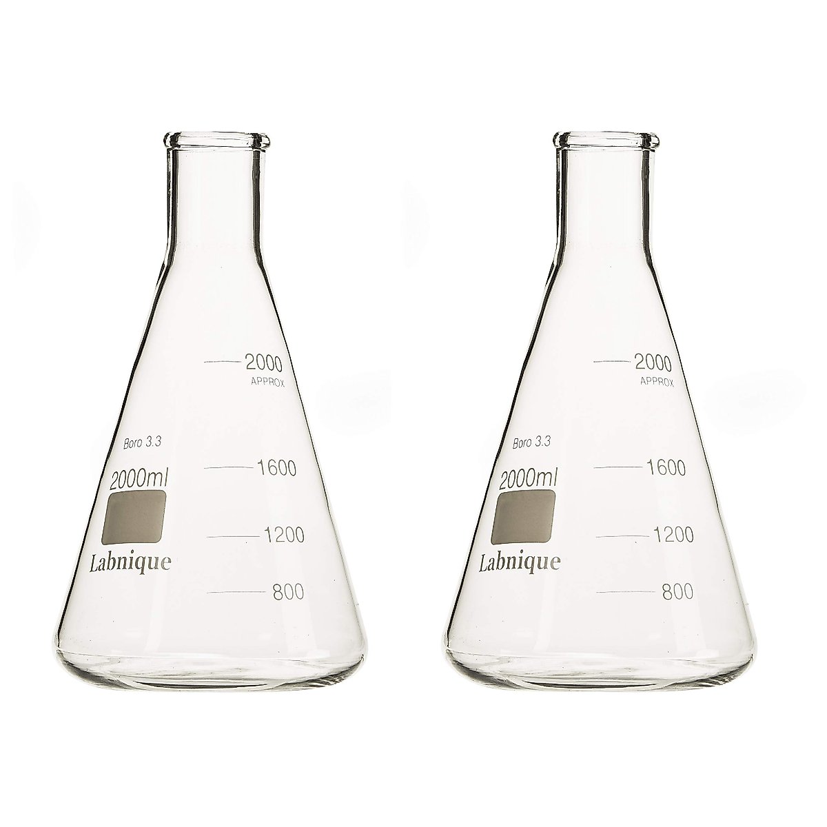 Labnique Borosilicate 3.3 Glass Conical Flask, Erlenmeyer Flask with Narrow Mouth, Graduated, Double Boxed, 2000ml (Pack of 2)