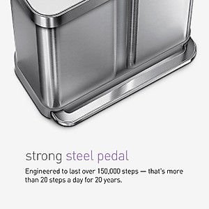simplehuman 58 Liter / 15.3 Gallon Rectangular Hands-Free Dual Compartment Recycling Kitchen Step Trash Can with Soft-Close Lid, Brushed Stainless Steel