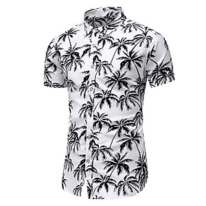 LEFTGU Men's Printed Beach Hawaiian Button-Down Slim fit Dress Shirt (White 9019, Medium)