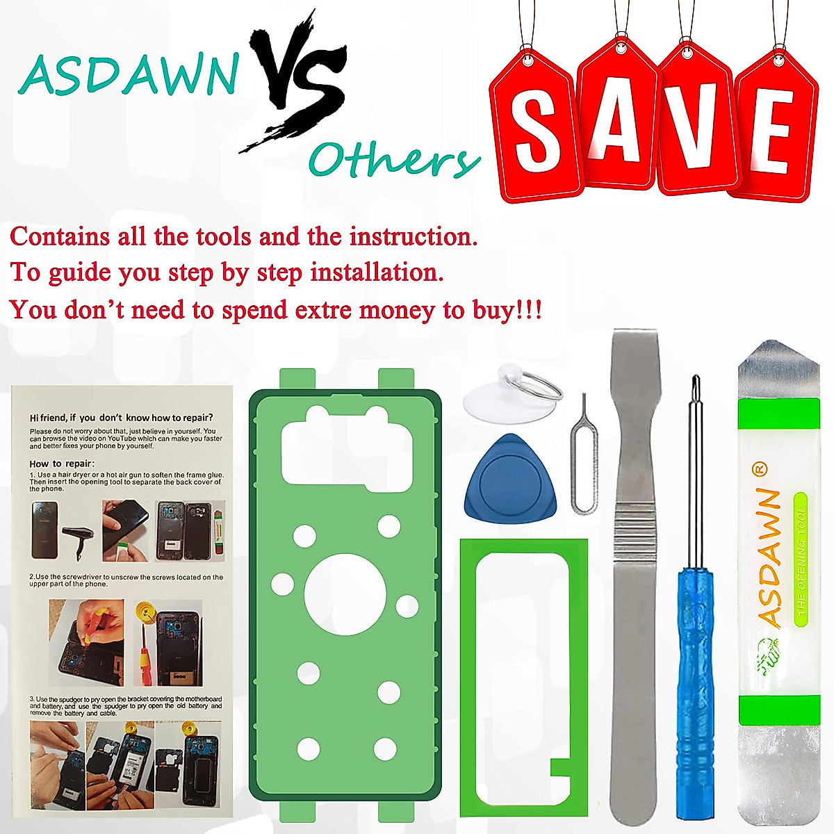 ASDAWN EB-BG935ABE Battery for Samsung Galaxy S7 Edge, Galaxy S7 Edge SM-G935 G935A/T/P/V with Back Cover Adhesive+Battery Adhesive+Tools+Installation Instruction(Back Glass Not Included)
