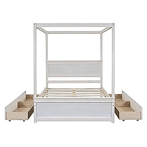 Wood Canopy Bed with 4 Storage Drawers, Full Size Canopy Platform Bed Frame with Headboard & Footboard for Kids Girls Boys, No Box Spring Needed (Brushed White)