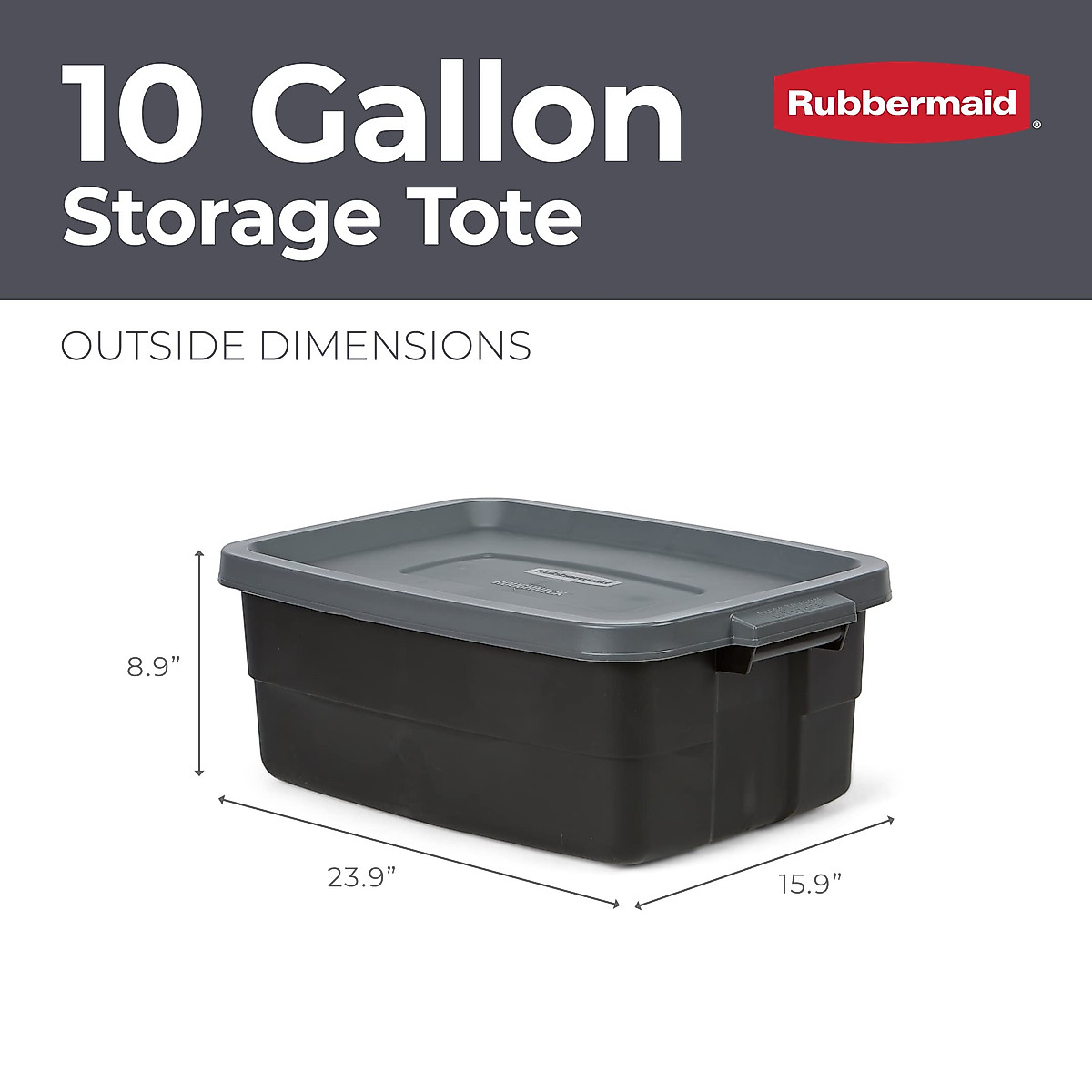 Rubbermaid Roughneck Tote 10 Gal, 6 Pack, Made in USA, Black & Gray, Rugged Plastic Stackable Storage Bins with Lids and Handles