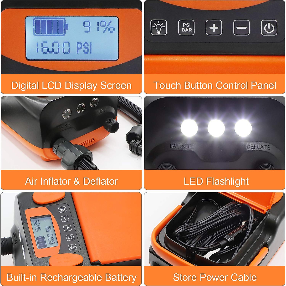 Tuomico Rechargeable LCD Electric Air Pump with 2 USB Ports, Max 16PSI SUP Pump with 6 Nozzles & 3 LED Lights for Boats, Stand Up Paddle Board, Dual Stage Inflation & Auto-Off Feature