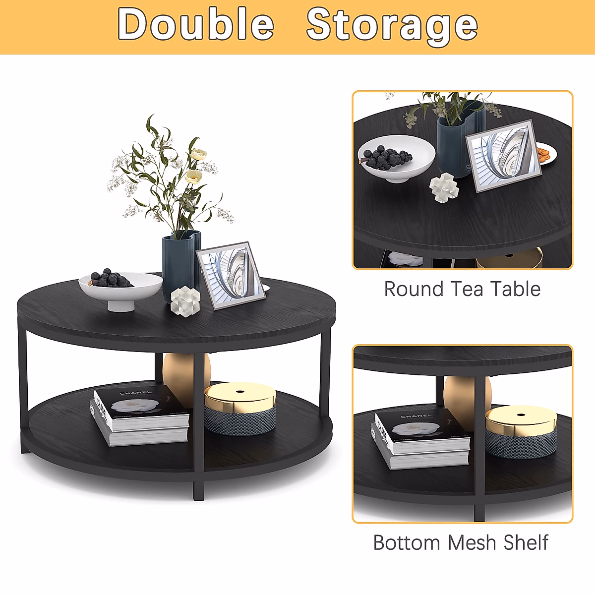 NSdirect 36 inches Round Coffee Table, Rustic Wooden Surface Top & Sturdy Metal Legs Industrial Sofa Table for Living Room Modern Design Home Furniture with Storage Open Shelf (Black)