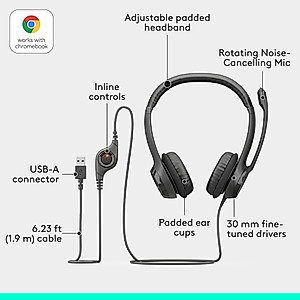 Logitech H390 Wired Headset, Stereo Headphones with Noise-Cancelling Microphone, USB, In-Line Controls, PC/Mac/Laptop - Black