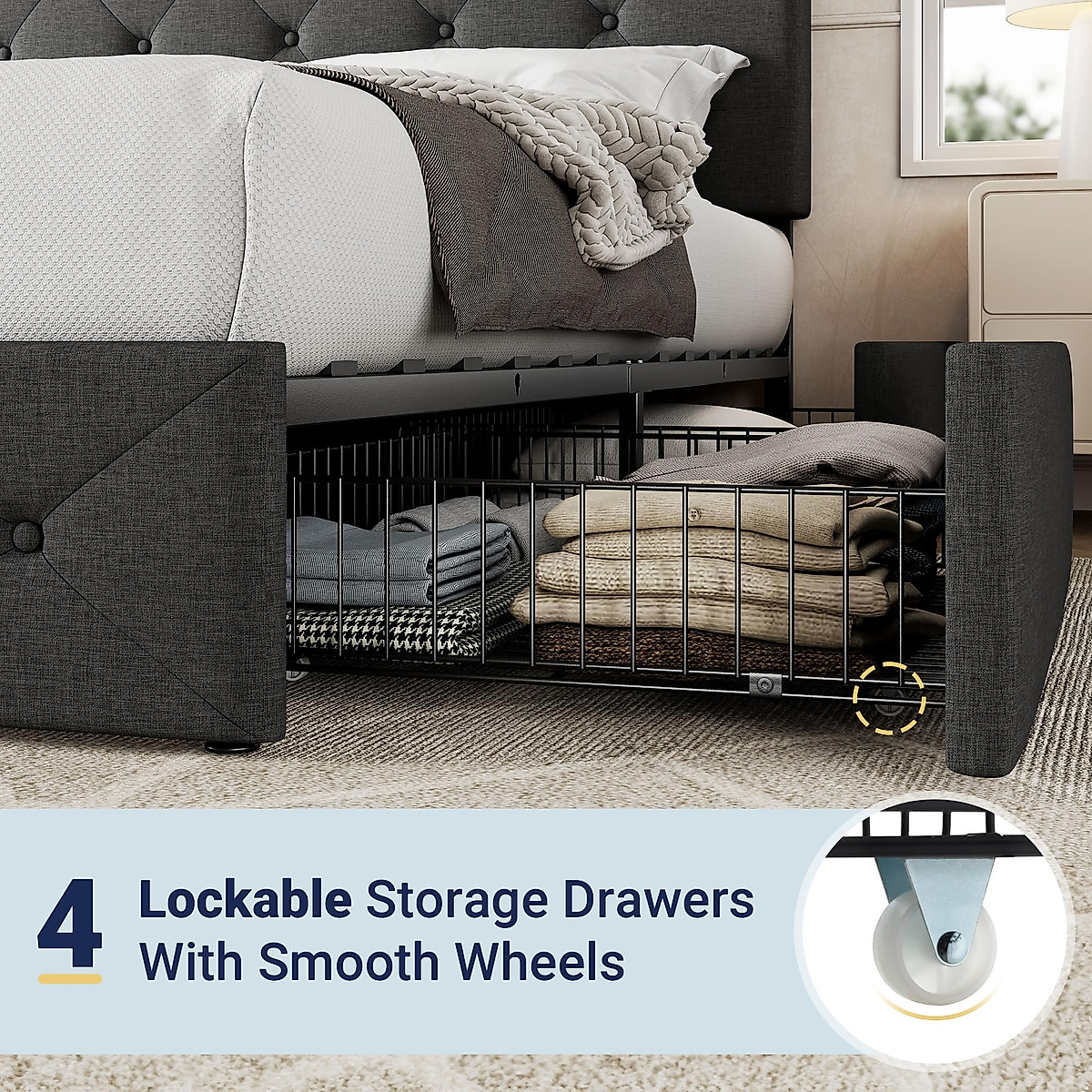 Allewie Upholstered Queen Size Platform Bed Frame with 4 Storage Drawers and Headboard, Diamond Stitched Button Tufted Mattress Foundation with Wooden Slats Support, No Box Spring Needed, Dark Grey