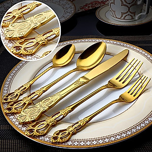 Retro Royal 20 Pieces Stainless Steel Silverware Set,Anti-rust Flatware Cutlery Set for 4,Luxury Kitchen Utensil Tableware Set Include Fork Spoon Knife,Mirror Polished Dishwasher Safe,Gold