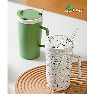SHANYANTAOCI Large Mug Ceramic Coffee Cup with Straw, 16 oz Big Ceramic Water Cup with Lid and Straw, Tall Drinking Cup for Soda Cola Milk Juice, Unique Graduation Gifts for Birthday and Christmas
