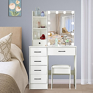 Makeup Vanity Desk with Mirror and Lights, White Vanity Table with Storage Drawers, Lighted Vanity Set with Chair/Stool, Girl's Dressing Table Makeup Desk Small, White Vanity 3056
