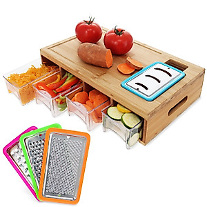 Potted Pans Meal Prep Station Food Chopping Board Set - 4 in 1 Bamboo Cutting Board with Containers, Lids, and Graters