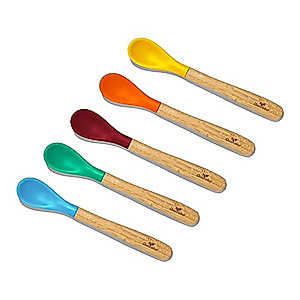 Avanchy® Infant Baby Spoons Bamboo and Silicone Set, Self Feeding Food Utensils, 4 Months Baby Led Weaning, 5 Pack, With Blue Spoon