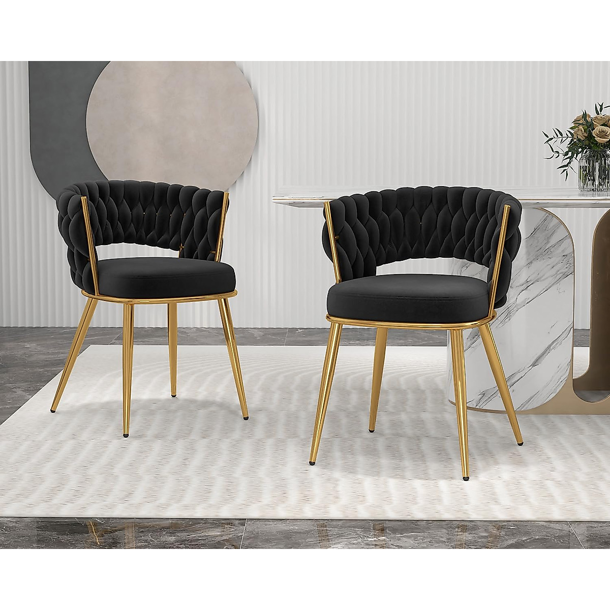 KCC Velvet Dining Chairs Set of 2, Gold Modern Dining Chair with Metal Legs, Woven Upholstered Dining Chairs for Dining Room, Kitchen, Vanity, Living Room (Black)