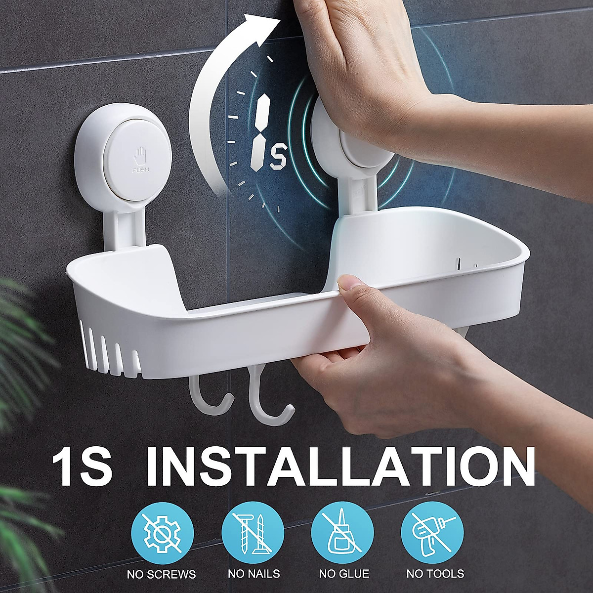 LEVERLOC Shower Caddy with 4 Hooks 2 Packs, Suction Cup Shower Shelf One Second Installation Hanging Shower Rack Removable & Reusable No Drilling Shower Caddy Suction Plastic Wall Mounted