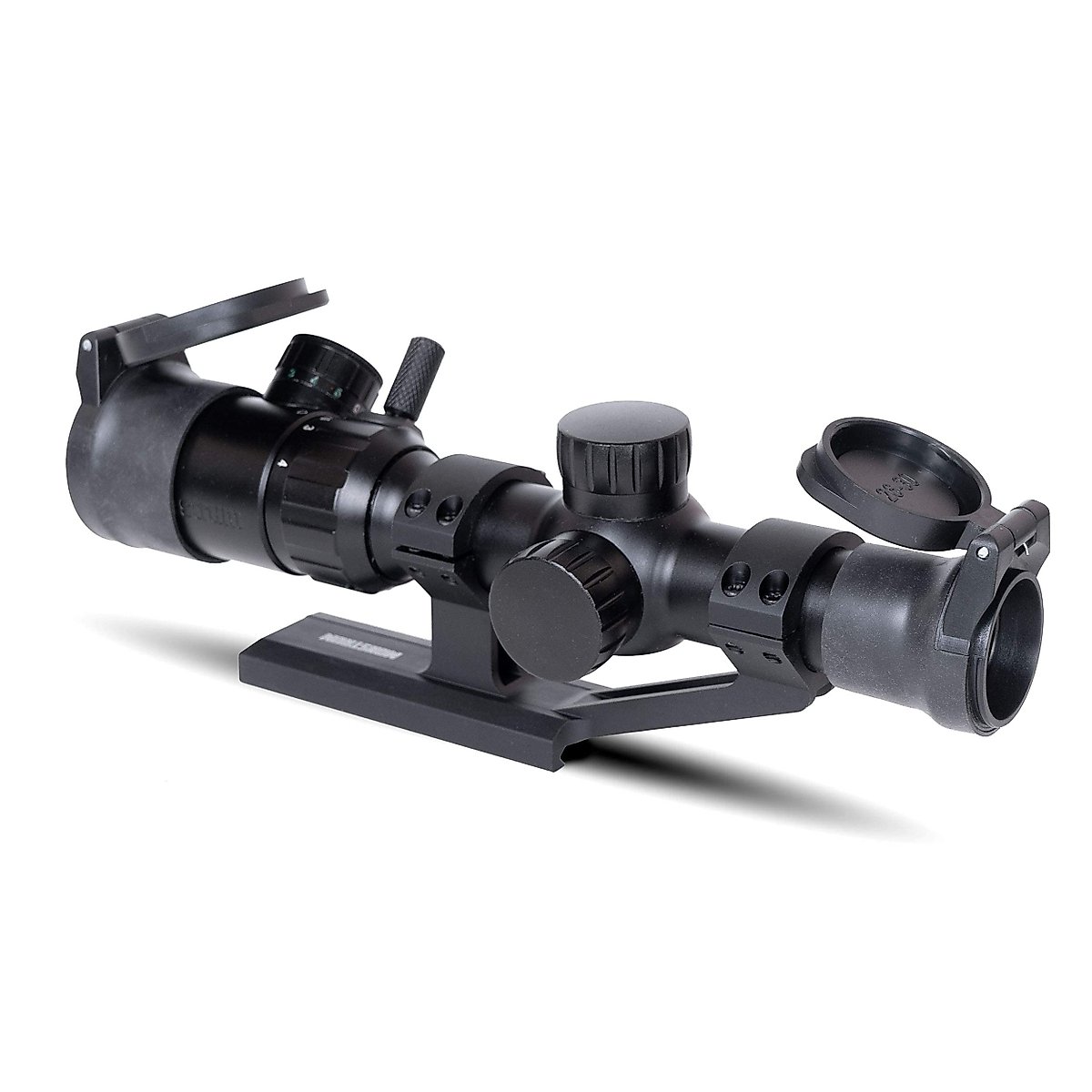 Monstrum 1-4x20 Rifle Scope with Rangefinder Reticle | ZR255 H-Series Offset Scope Mount | Monstrum Flip Up Lens Cover Set | Bundle