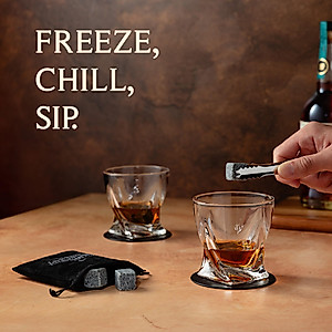 Mixology & Craft Whiskey Stones Gift Set - Pack of 6 Granite Chilling Rocks w/ 2 10 oz Old Fashioned Glasses in Wooden Box - Whiskey Gifts for Men on Birthday, Father's Day or Christmas