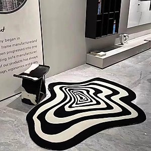 Black and White Abstract Striped Irregular Shape Area Rug 3ft Faux Wool Ultra Soft Rug for Livingroom Bedroom Diningroom Aesthetic Home Office Decor Playroom Carpet