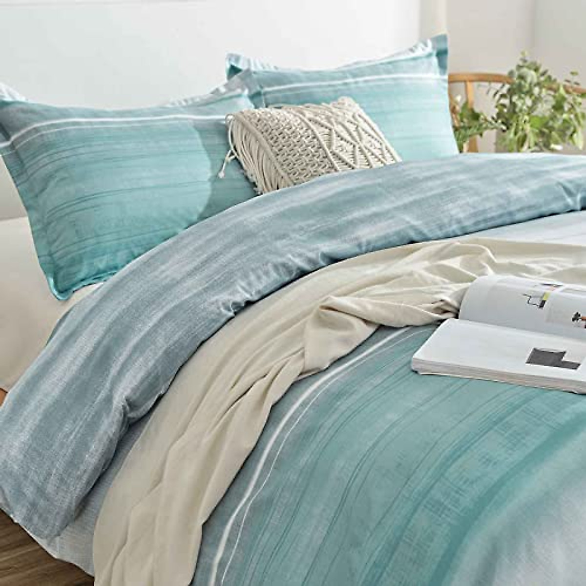 Queen Size Comforter Set, Teal, Gray and Blue Striped Pattern Print Reversible Down Alternative Bed Sets - 90 x 90 3PC Soft Microfiber Duvet Sets Modern Abstract Bedding in a Bag for Women Men, Grey